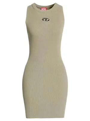 DIESEL® Ribbed-knit Sleeveless Crewneck Bodycon Dress With Appliqu - Khaki