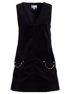 GANNI Corduroy Sleeveless V-neck Dress With Appliqués And Pockets - Black