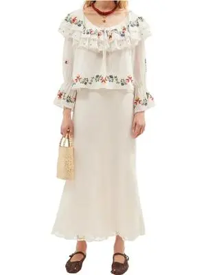 Rixo Long Sleeve Ruffled Embroidered Shirt - Nude