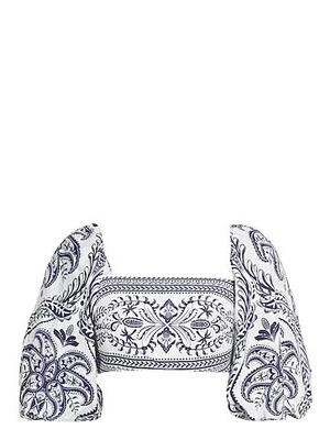 Farm Rio Paisley Print Linen Crop Top With Square Neckline And Shirred Back - White