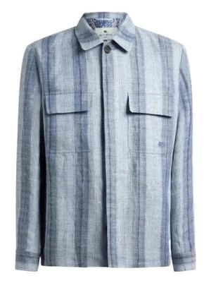 Etro Striped Linen Shacket With Pegaso Embroidery - Gray