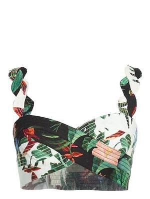 Farm Rio Floral Sleeveless Sweetheart Neckline Crop Top - Green