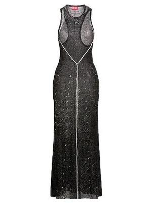 DIESEL® Sleeveless Linen Knit Maxi Dress With Embroidered Logo - Black