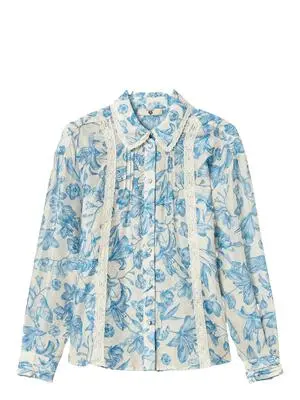 TWINSET Floral Print Lace Trim Button-up Shirt - White