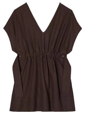 Tory Burch Cinched Linen V-neck Dress - Dark Brown