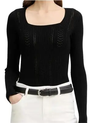 TWINSET Ribbed Square Neck Long Sleeve Sweater - Black