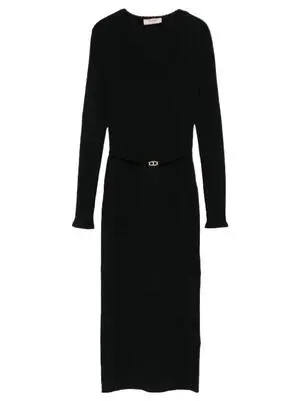 TWINSET Ribbed Knit Belted Midi Dress - Black