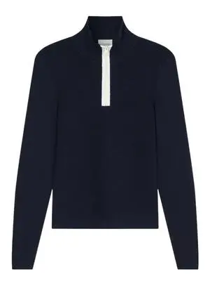 Closed Ribbed Knit Half-zip Long Sleeve Sweater - Dark Blue