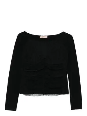 TWINSET Ruched Polka Dot Blouse With Lace Trim - Black