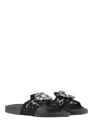 Dolce & Gabbana Two-tone Lace Slides With Crystal Embellishments - Black