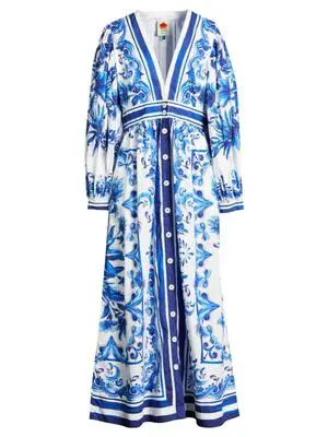 Farm Rio Printed Maxi Shirt Dress - Blue