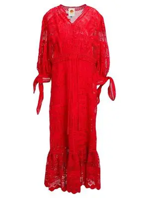 FARM RIO Farm Rio Long Sleeve V-Neck Lace Maxi Dress With Belt