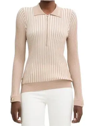 Liu Jo Liu Jo Ribbed Striped Zip-Up Polo Top Beige