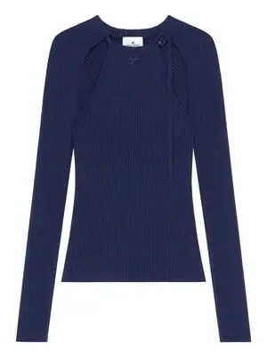 COURREGES Courreges Ribbed-Knit Cut-Out T-Shirt With Clasp Detail Work Blue