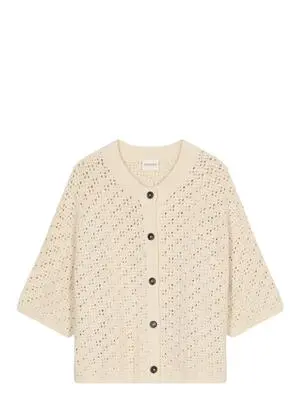 Closed Crew Neck Cardigan With Button Fastening - Nude