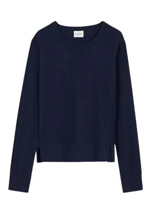Closed Long-sleeve Crew-neck Sweater With Side Slits - Navy