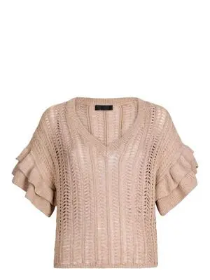Liu Jo Liu Jo V-Neck Knit T-Shirt With Ruffled Sleeves Caramel