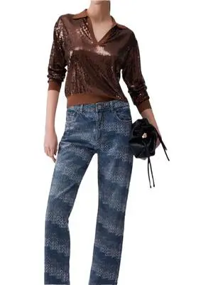 Liu Jo Sequined V-neck Long Sleeve Jumper - Brown