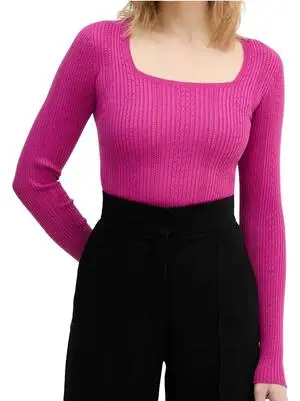 TWINSET Ribbed Square Neck Long Sleeve Sweater - Black