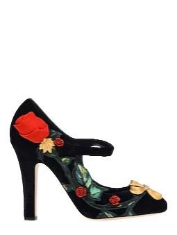 Dolce & Gabbana Velvet Mary Jane Pumps With Floral Embellishments - Black