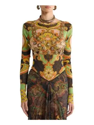 Etro Embellished V-neck Sheer Top - Brown