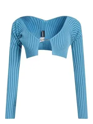 Jacquemus Blue Ribbed Knit Cropped Long Sleeve Top - Sky-blue