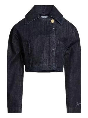 Jacquemus Dark Wash Cropped Denim Jacket With Embroidered Logo - Blue
