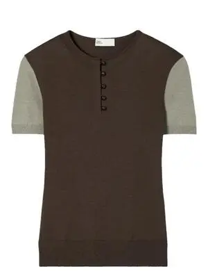 Tory Burch Tory Burch Buttoned Henley Knit T-Shirt Black