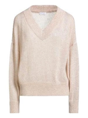 Brunello Cucinelli V-neck Lightweight Metallic Knit Sweater - Sand-colored