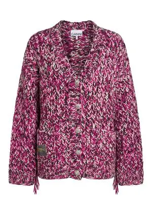GANNI Multicolor Heavy Knit Cardigan With Crystal Embellishments - Red
