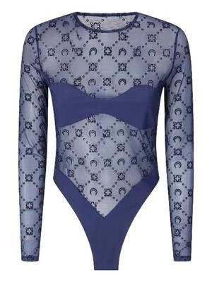 MARINE SERRE Moonogram Flock-print Mesh Bodysuit - Blue
