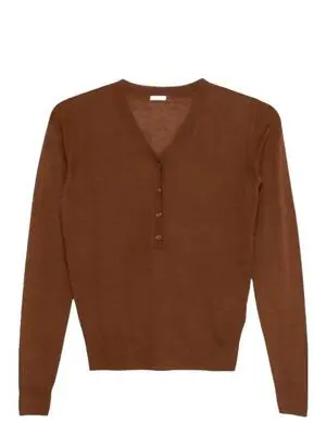 JOSEPH Joseph V-Neck Fine Knit Buttoned Sweater Brown