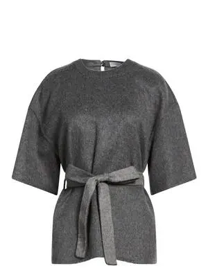 Brunello Cucinelli Wool Crewneck Short Sleeve Belted Top - Black