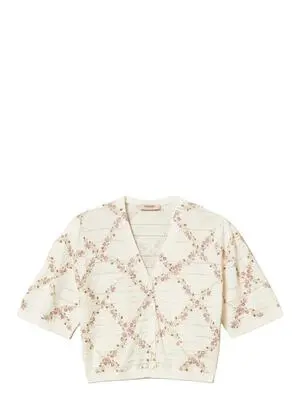 TWINSET Floral Embroidered Ribbed Cardigan With Short Sleeves - White