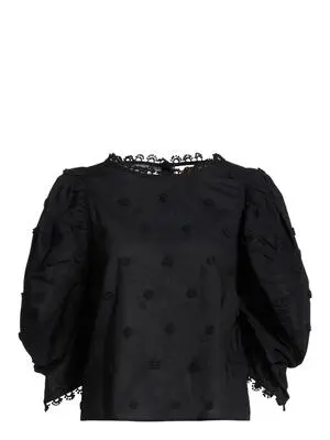 Farm Rio Appliqued Puff Sleeve Top - Black