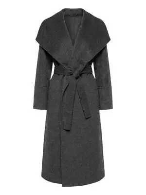 Soft Goat Long-sleeved Belted Coat - Dark Gray