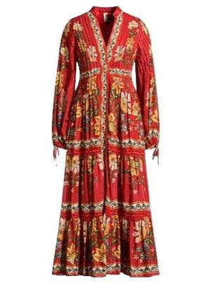 Farm Rio Flared Floral Print Satin Lace Maxi Dress - Red