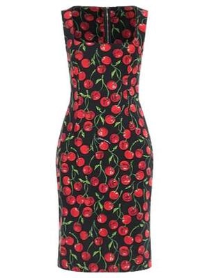 Dolce & Gabbana Sleeveless Square Neck Cherry Print Fitted Dress - Black
