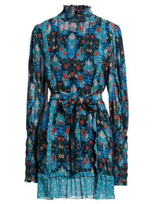 Farm Rio Floral Print High Neck Belted Dress - Blue