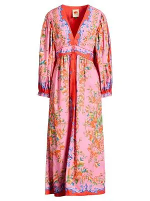 Farm Rio Floral Print Puff Sleeve Flared Maxi Dress - Pink