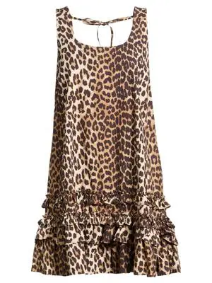 GANNI Leopard Print Sleeveless Ruffled Dress - Brown