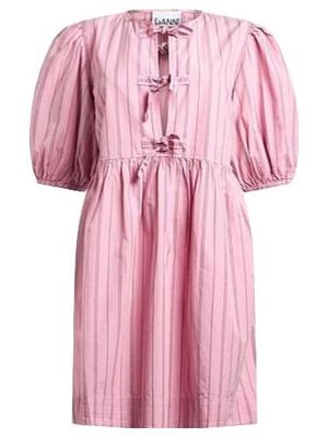 GANNI Striped Puff Sleeve Dress - No