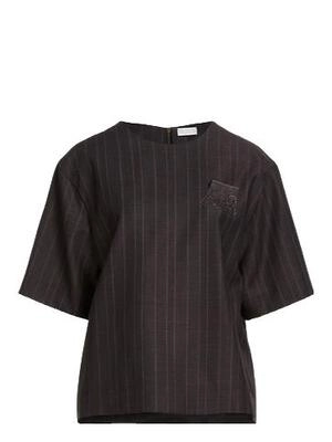Brunello Cucinelli Pinstriped Wool Short Sleeve Top - Black