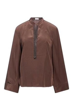 Brunello Cucinelli Brunello Cucinelli Satin Long Sleeve Mandarin Collar Embellished Blouse Chocolate Brown