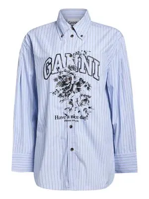 GANNI Striped Long Sleeve Shirt With Logo Graphic - Blue