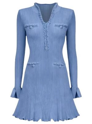 SELF-PORTRAIT Pearl Trim Mini Knit Dress - Blue