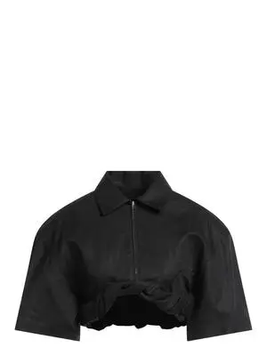 Jacquemus Cropped Plain Color Woven Top With Classic Collar And Zip Fastening - Black