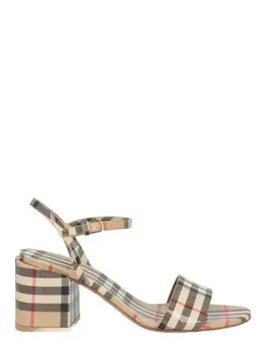 Burberry Printed Leather High-heeled Sandals With Buckle Strap - Beige