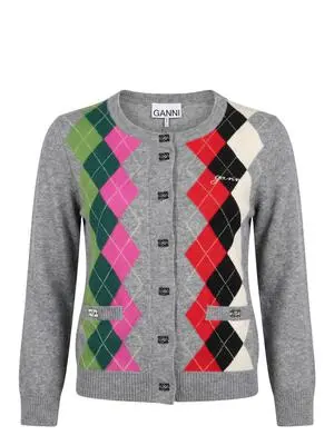 GANNI Geometric Wool Knit Cardigan - Grey