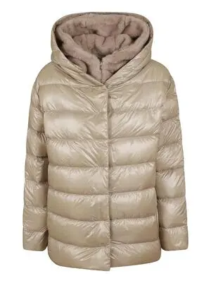 Herno Hooded Faux Fur Down Jacket - Beige